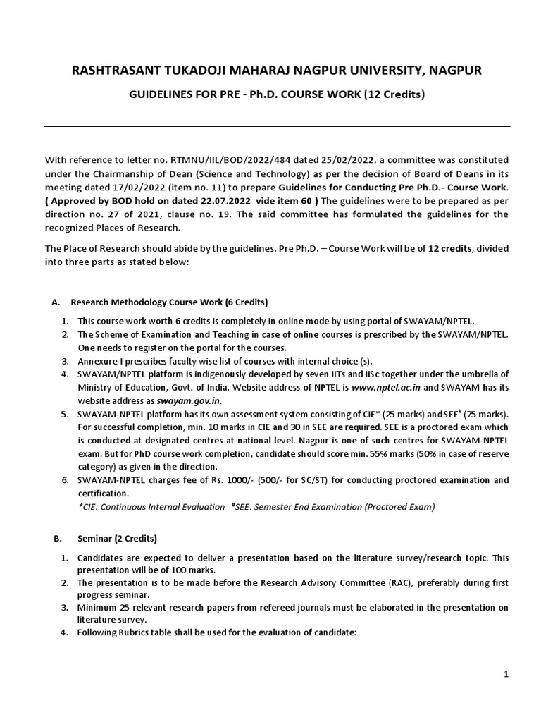 GUIDELINES FOR PRE-Ph. D. COURSE WORK (12 Credits) | PDF | Doctor Of ...