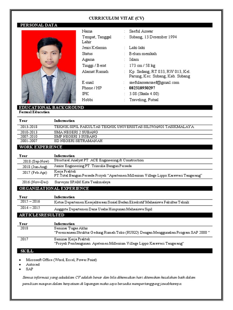 CV Saeful Anwar: Teknik Sipil & Pengalaman | PDF