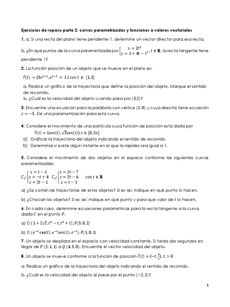 Repaso Parte 2 Curvas Parametrizadas y Funciones A Valores Vectoriales ...