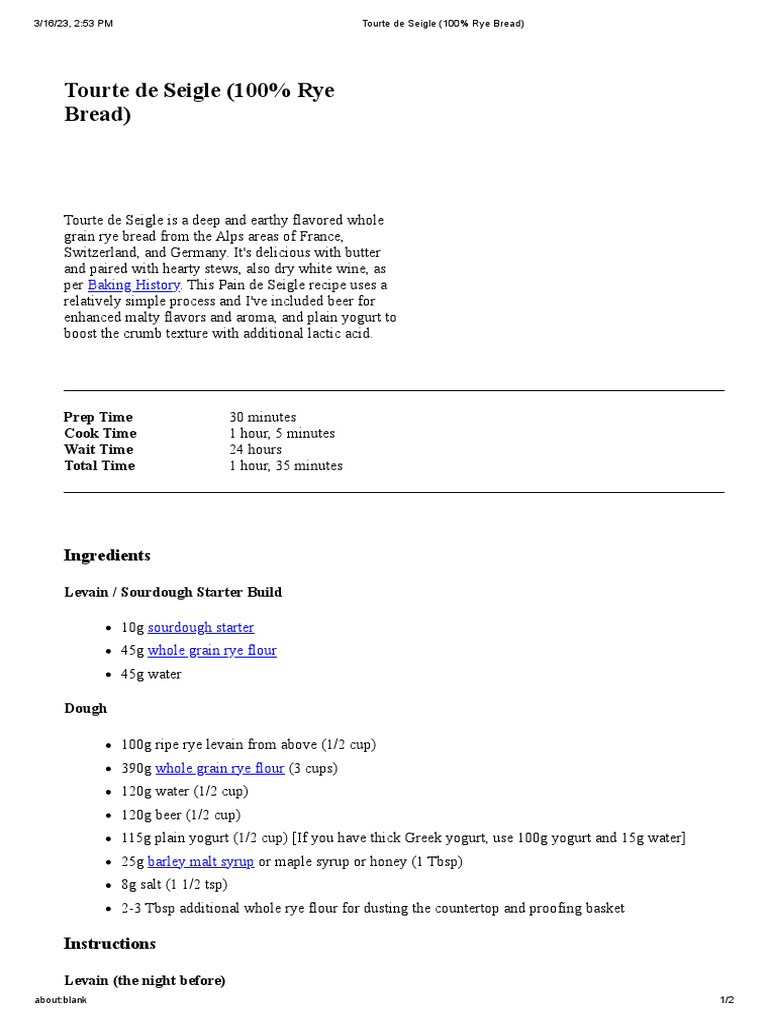 Tourte de Seigle (100% Rye Bread) | PDF | Sourdough | Breads