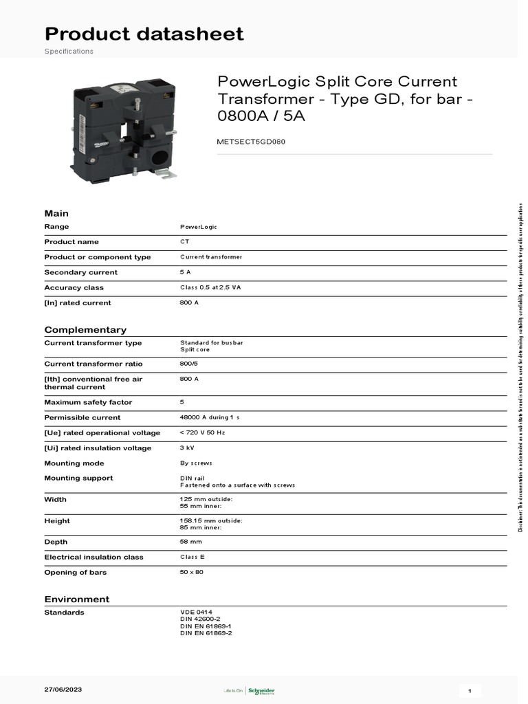 Current Transformer T1 - METSECT5GD080 | PDF | Components | Physical Quantities