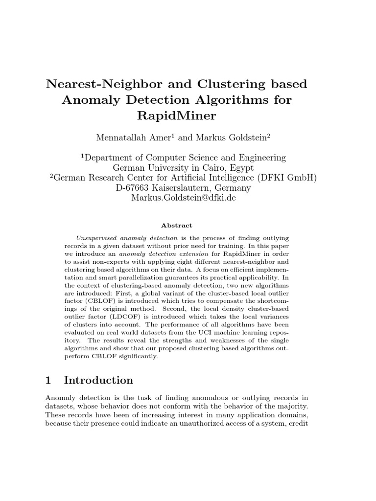 Anomaly Detection Algorithms For Rapidminer Pdf Cluster Analysis Receiver Operating