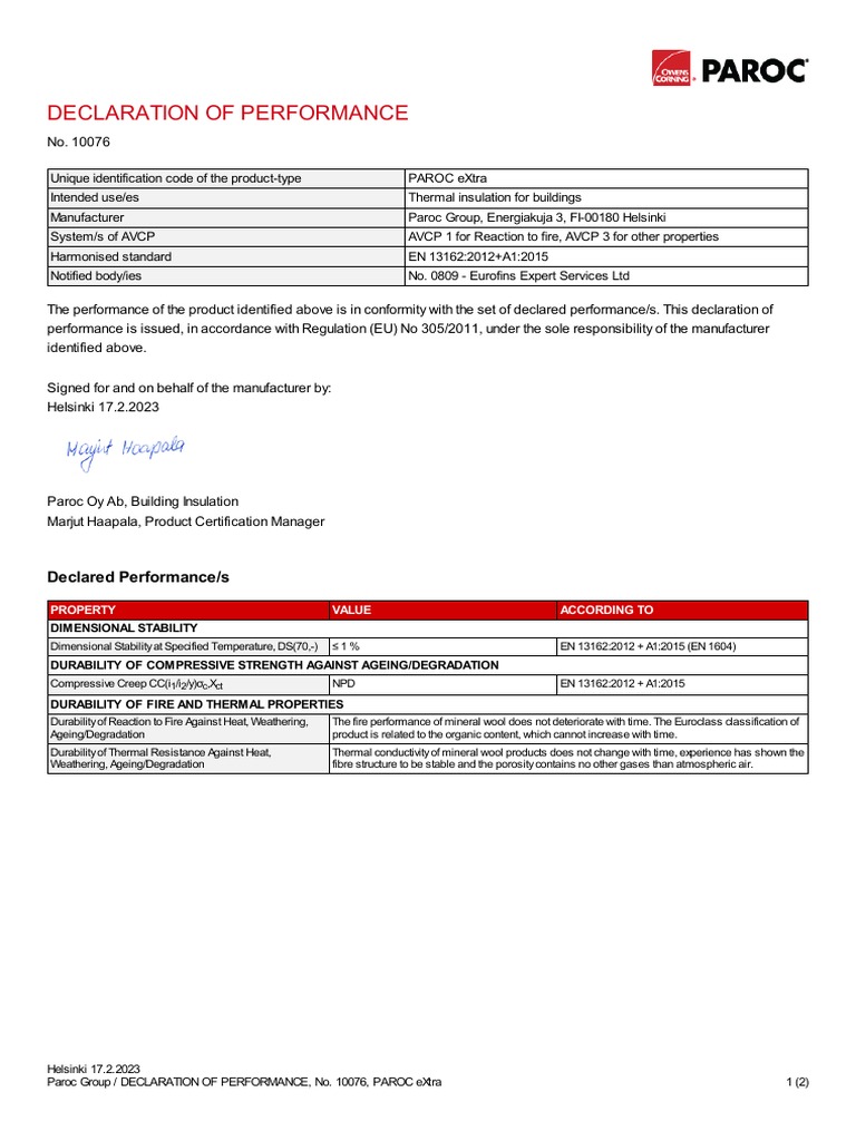 Dop 10076 Paroc Extra en Us | PDF | Thermal Insulation | Strength Of ...
