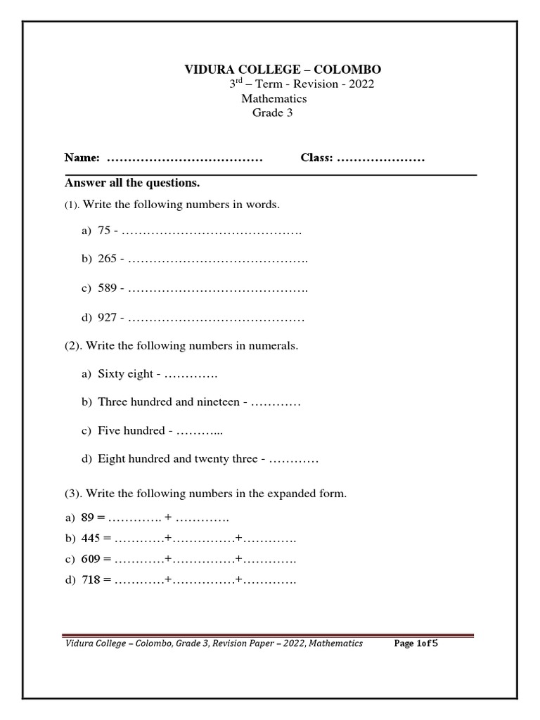 Grade 3 Maths Revision Paper 2022 | PDF