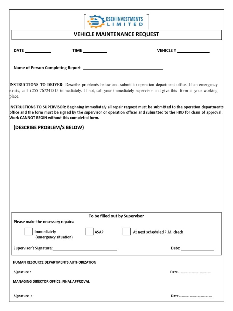 Vehicle Maintenance Request Form | PDF