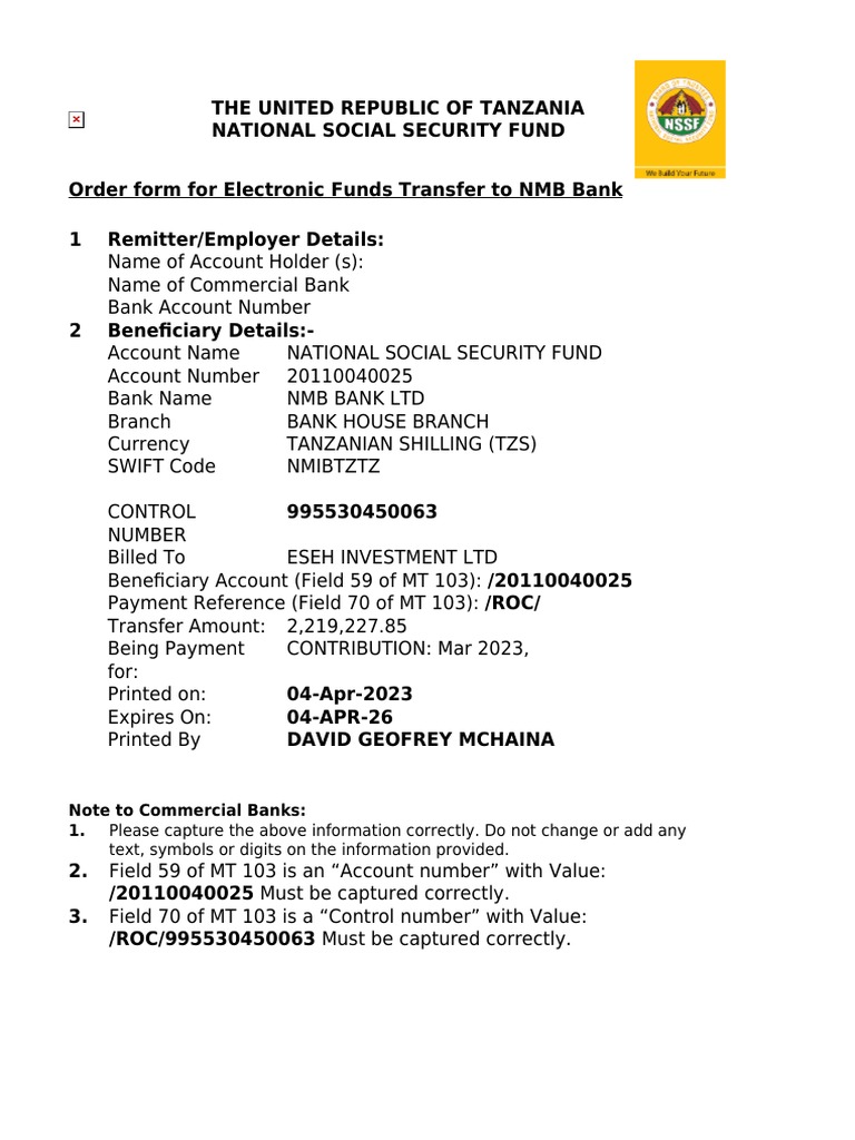 NSSF Electronic Funds Transfer Order Form | PDF