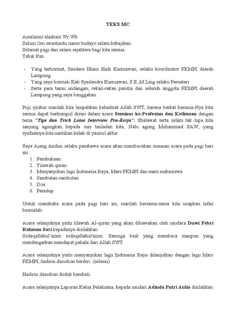 Teks MC Seminar PDK | PDF