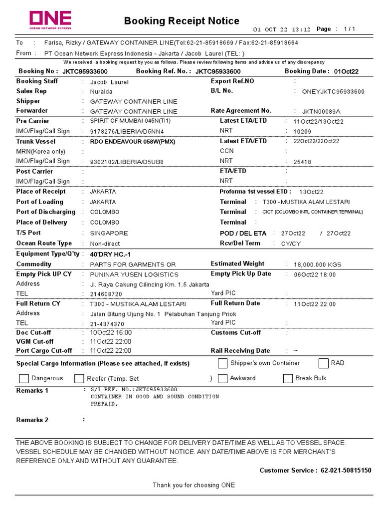 Booking Receipt Notice | PDF | Cargo | Consumer Goods