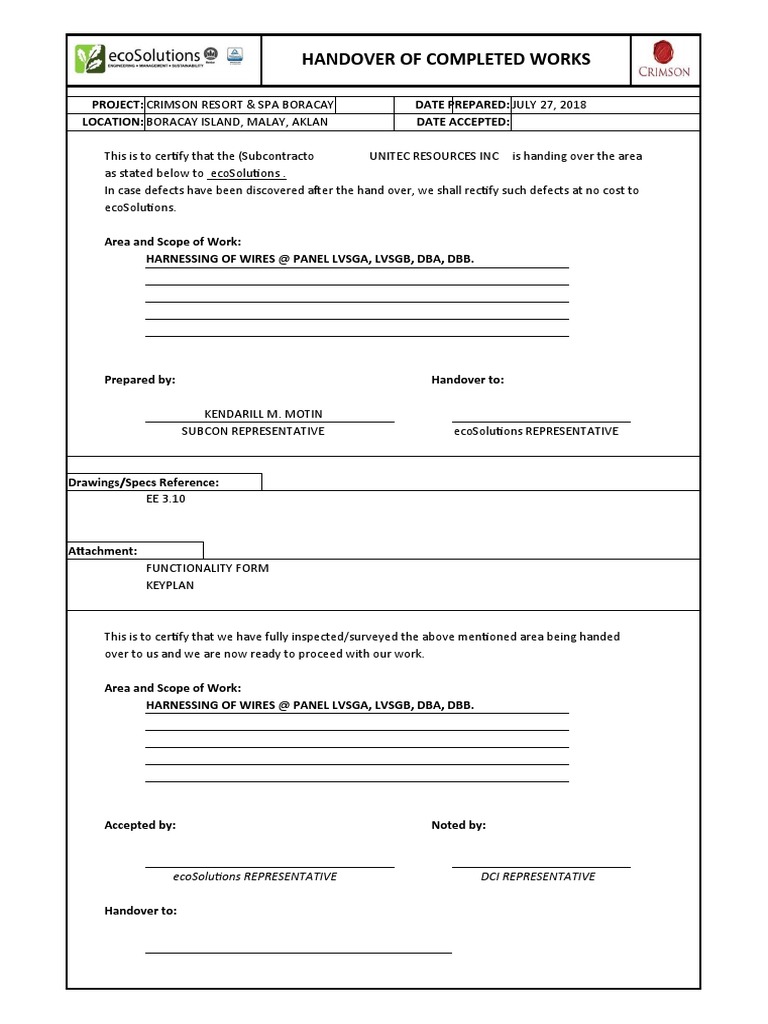 Ecosolutions Handover Form | PDF