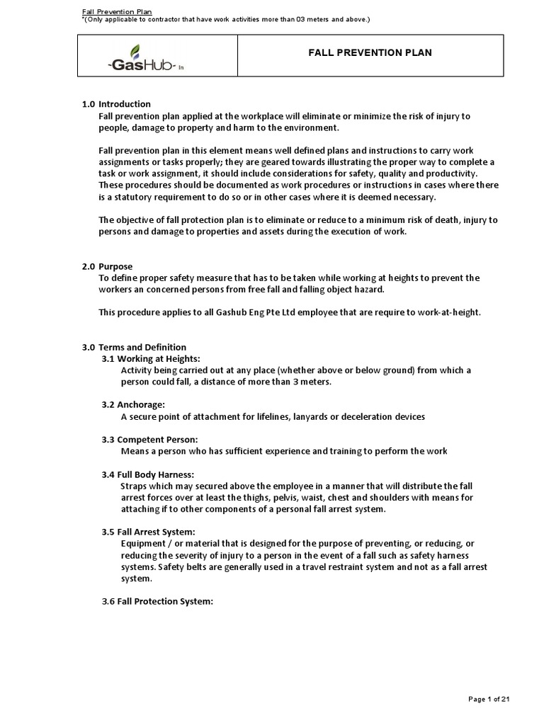 Fall Prevention Plan: (Only Applicable To Contractor That Have Work ...