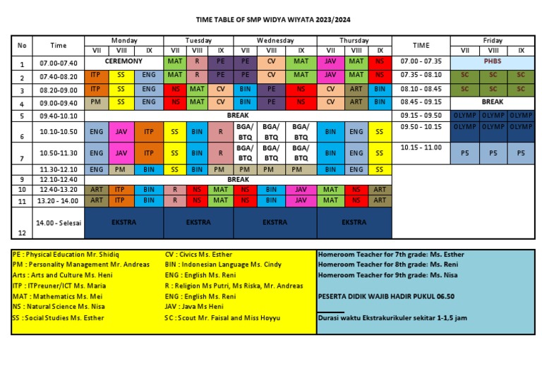 Time Tabel New - 2023-2024 | PDF