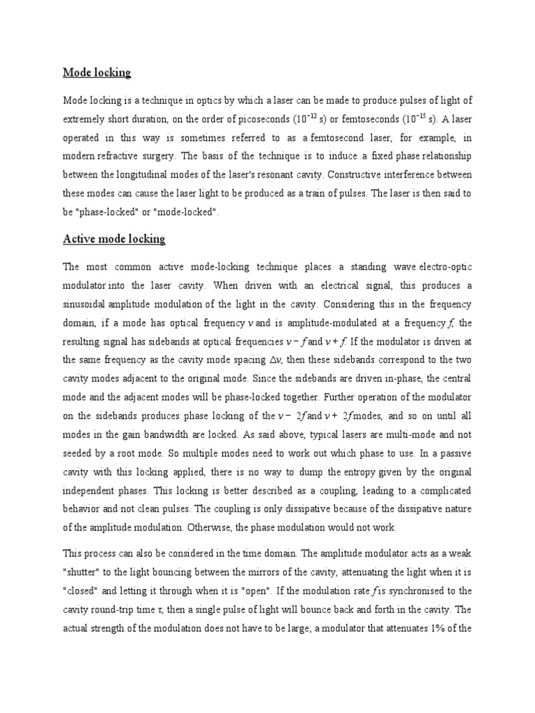 Mode Locking | PDF | Oscillation | Optics