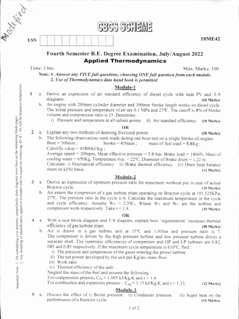 18ME42 Applied Thermodynamics July-2022-Narendra N VTU Exam Question ...