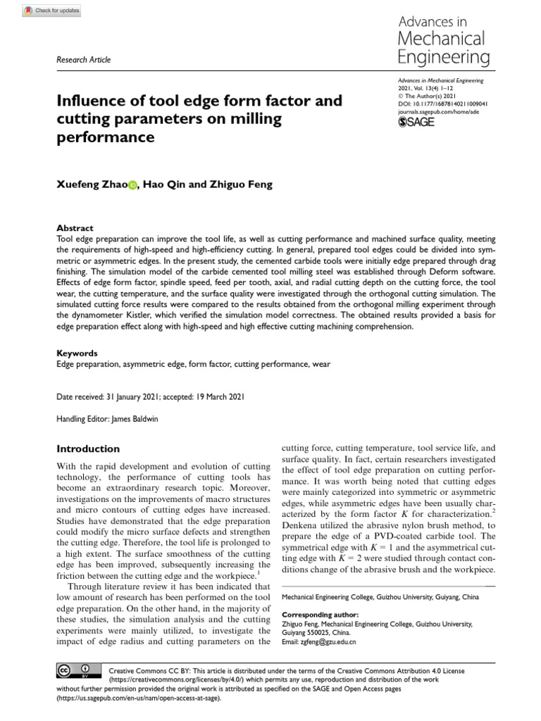Influence Of Tool Edge Form Factor And Cutting Parameters On Milling Performance Download Free