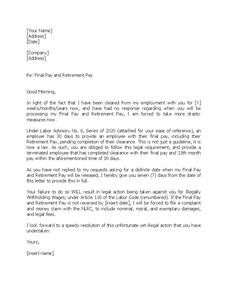 Final Pay Request and Legal Notice | PDF | Finance & Money Management | Law