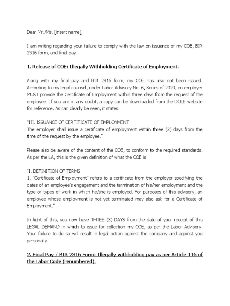 Final Pay and COE Demand Letter | PDF | Employment | Salary