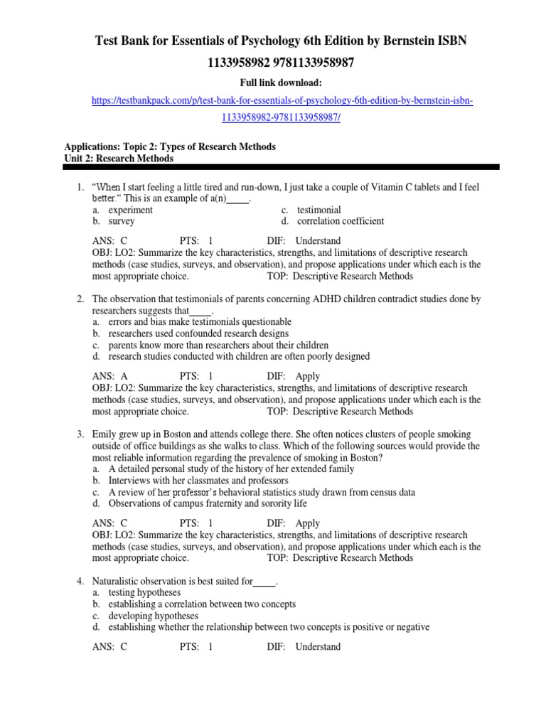 Essentials of Psychology 6th Edition by Bernstein ISBN Test Bank | PDF ...