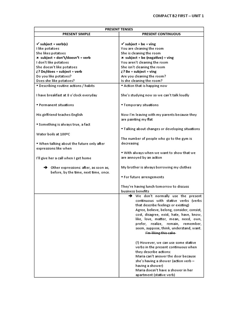 Unit 1 - Present Tenses | PDF | Verb | Grammatical Tense