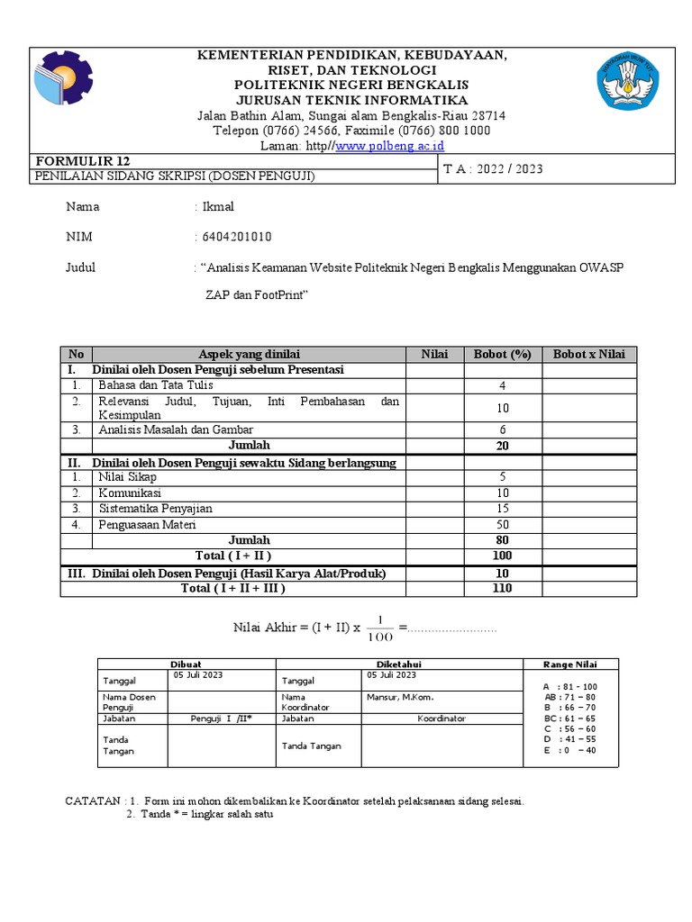 Form 12 Penilaian Sidang (Dosen Penguji) | PDF