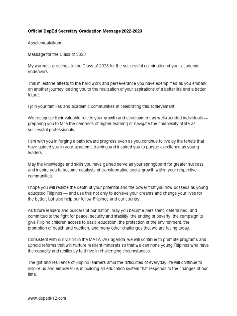 Official DepEd Secretary Graduation Message 2022-2023 | PDF