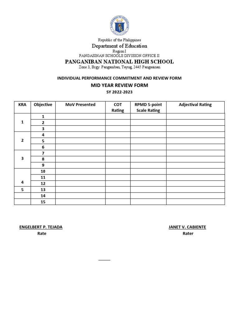 Ipcrf Mid Year Review Form 22 23 | PDF