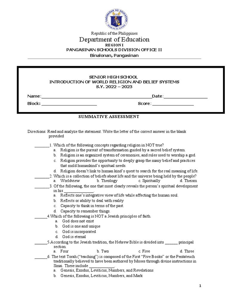 Grade 11 Religion Summative Test | PDF | Yoga | Tao