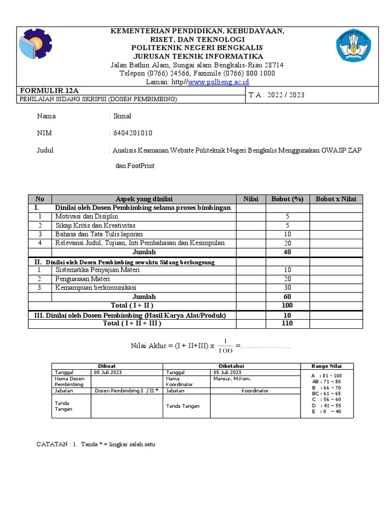 Penilaian Sidang Skripsi Ikmal | PDF