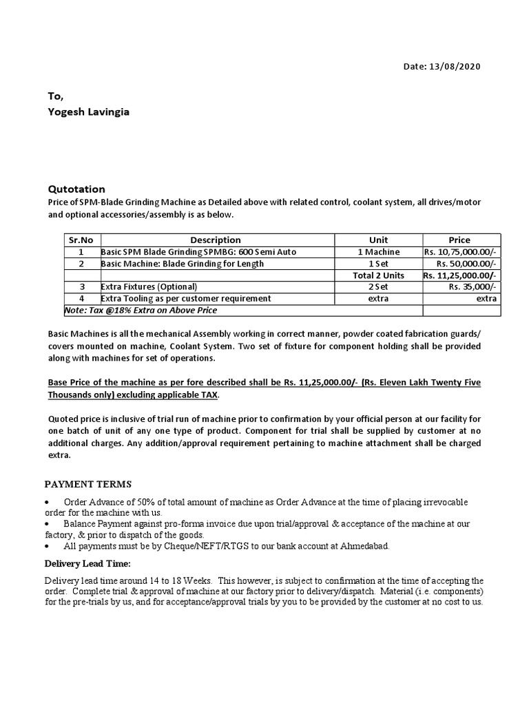 SPM Blade Grinding Machine Quotation | PDF | Grinding (Abrasive Cutting ...