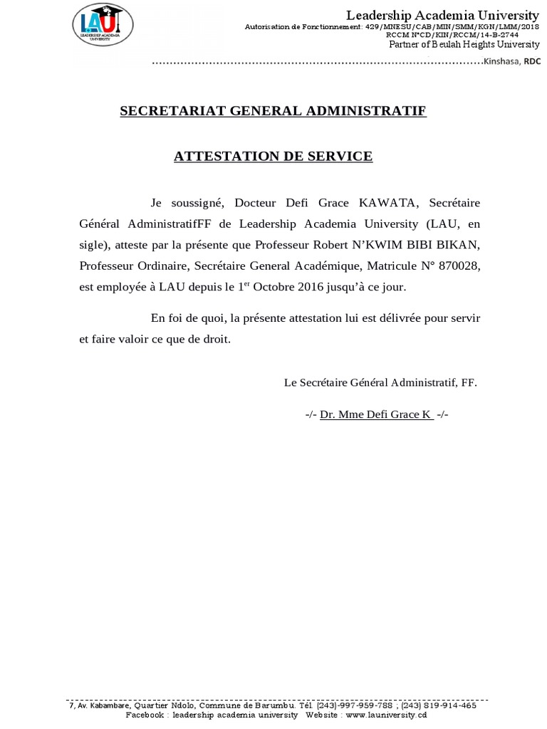 Attestation de Service de Bibi | PDF