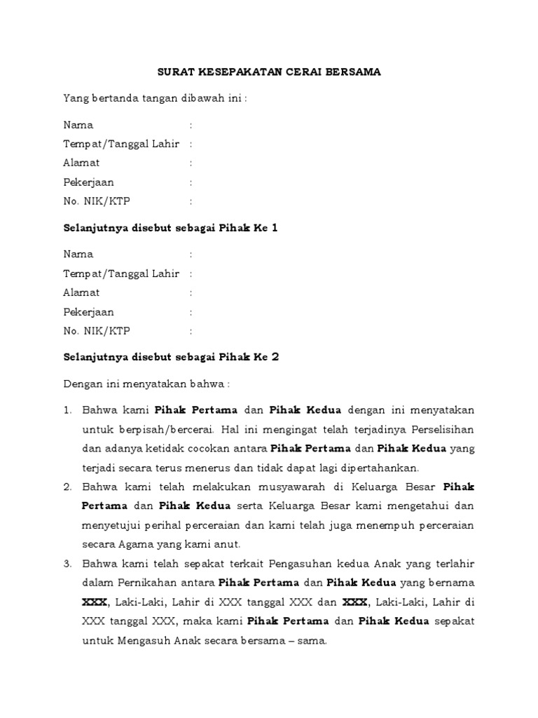 Contoh Surat Kesepakatan Cerai | PDF | Hukum