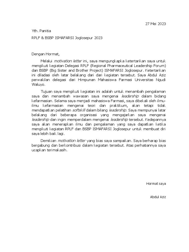 Motivation Letter Abdul Aziz | PDF