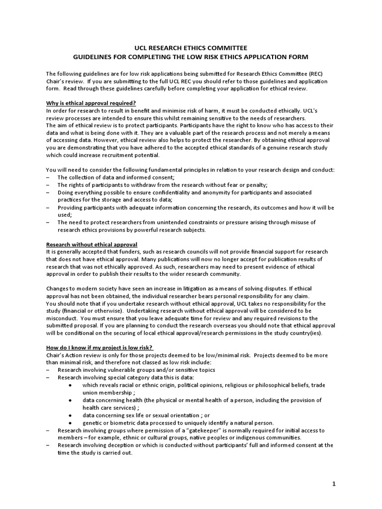 UCL Low Risk Ethics Application Guide | PDF | Informed Consent | Risk