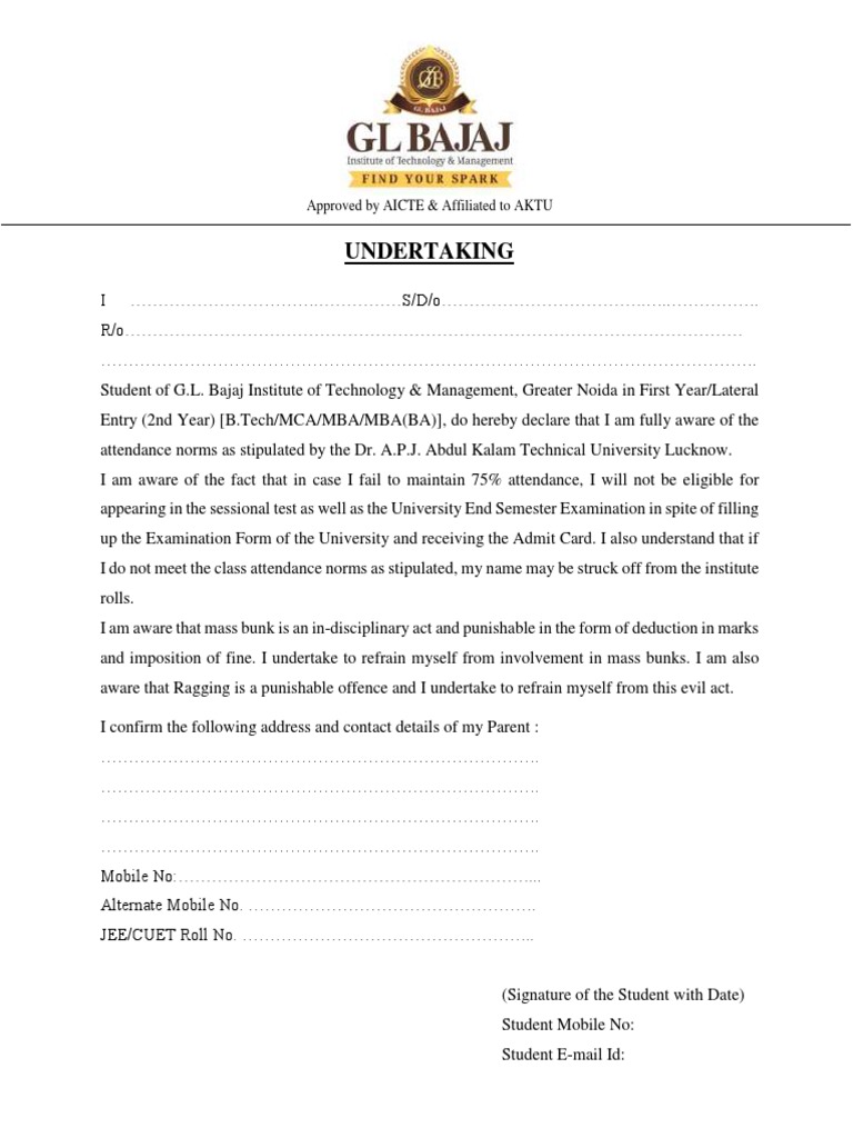 UNDERTAKING Attendance ITM | PDF