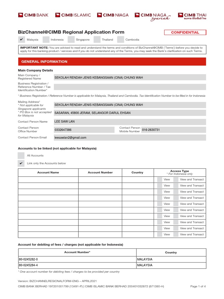 CIMB BizChannel Regional Application Form | PDF | Debit Card | Business