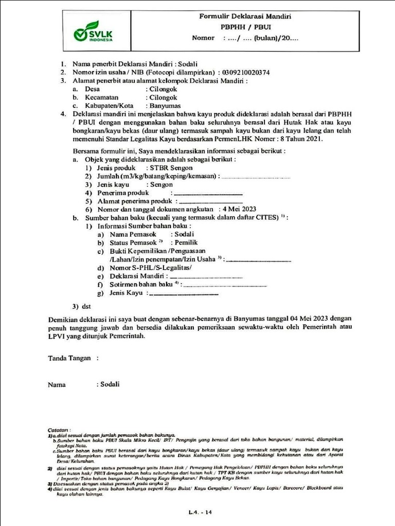 Formulir Deklarasi Mandiri Svlk | PDF