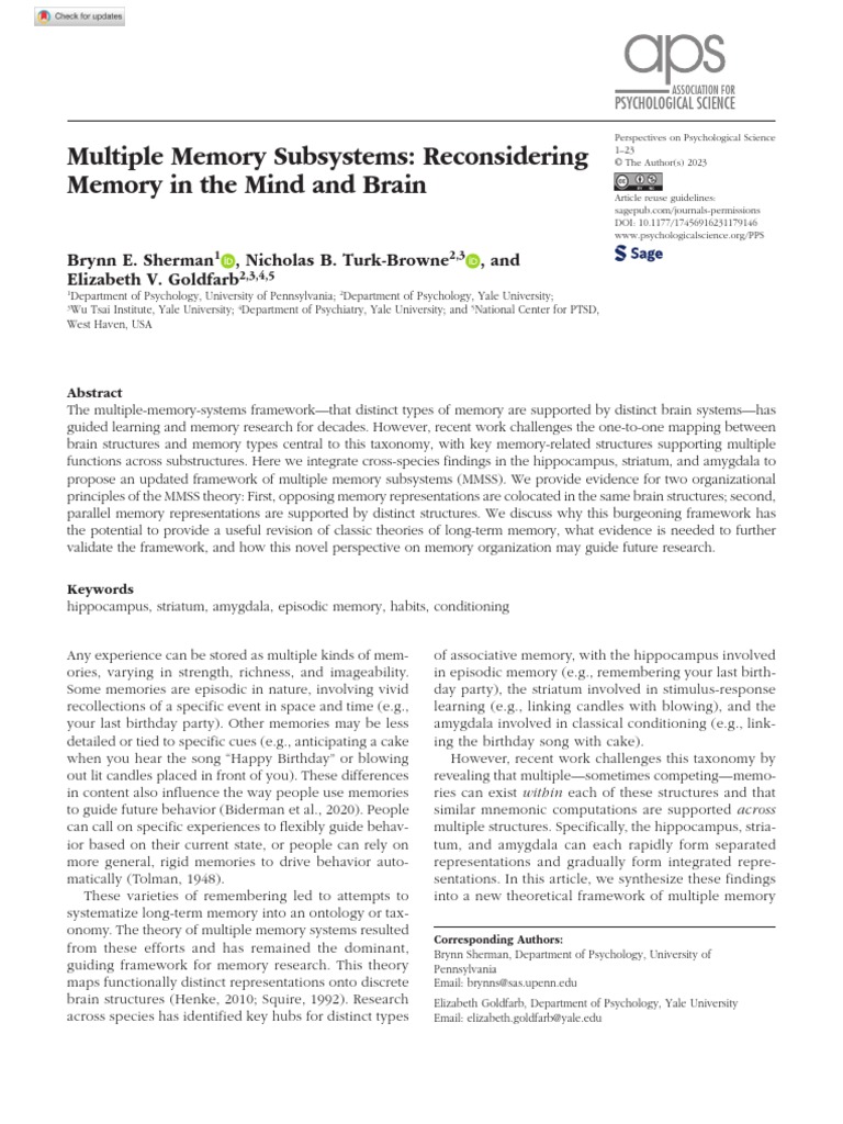 Sherman Et Al 2023 Multiple Memory Subsystems Reconsidering Memory in The Mind and Brain | PDF ...