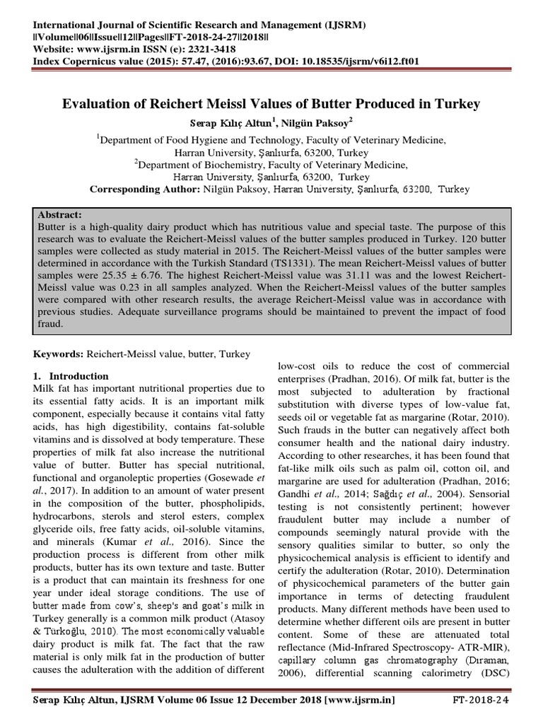 Reichert-Meissl Values of Turkish Butter | PDF | Sodium Hydroxide | Butter