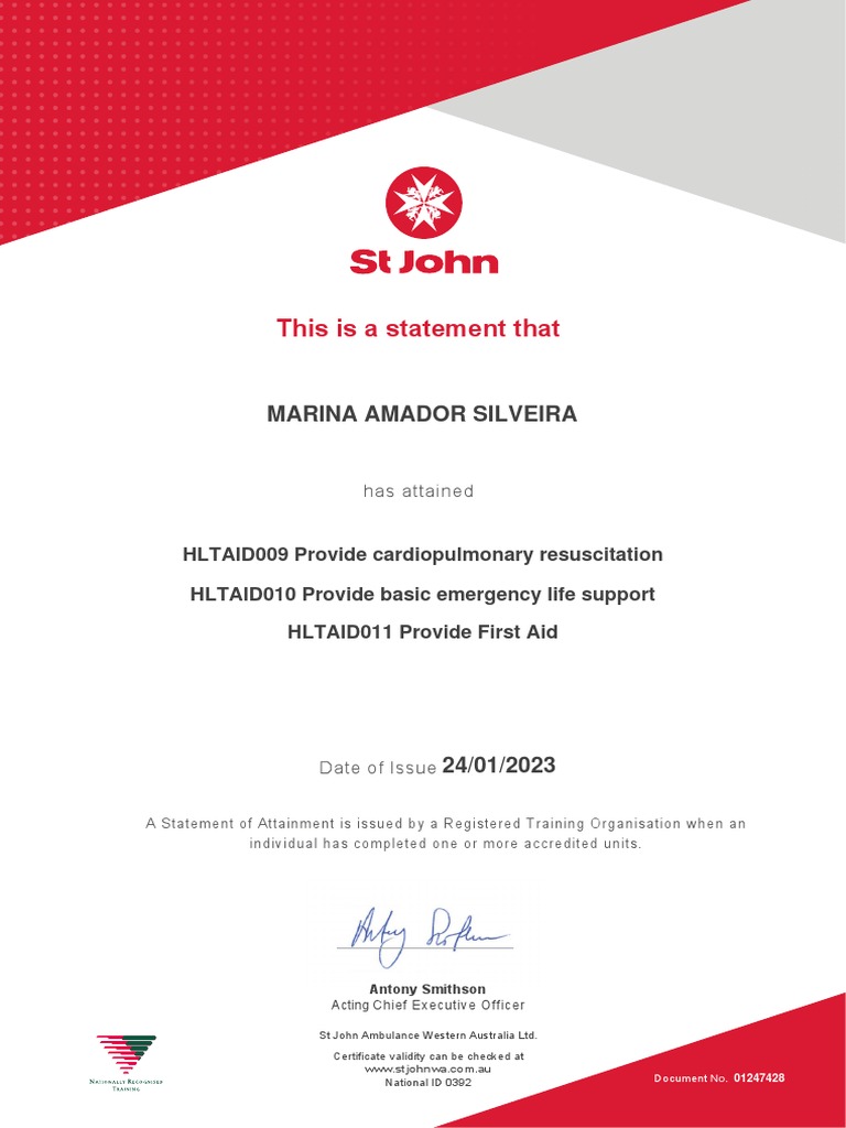 First Aid and CPR Certification Statement | PDF