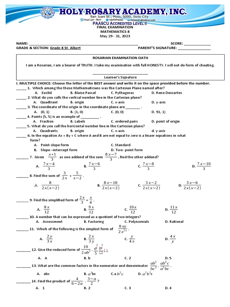 Final Math 8 Sy 2022 2023 | PDF | Equations | Factorization