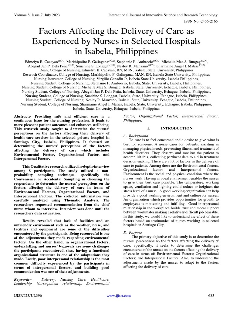 Factors Affecting The Delivery of Care As Experienced by Nurses in ...