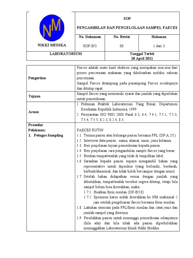 SOP-B.3 Pengambilan Dan Pengelolaan Sampel Faeces | PDF