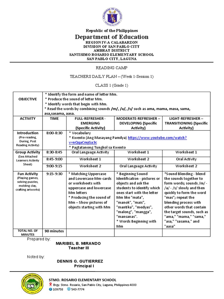 Teachers Daily Plan Grade 1 All | PDF | Phonics | Cognition