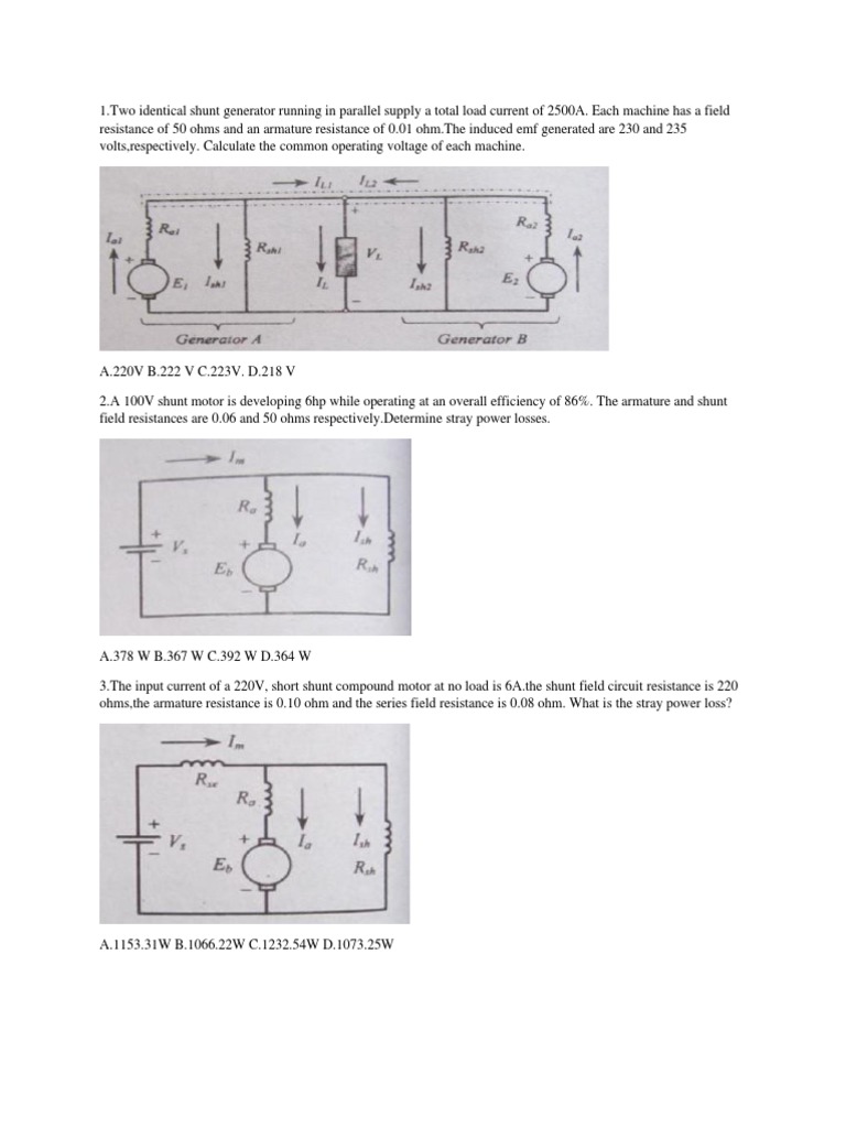 Shunt Generator and Motor Power Loss Calculations | PDF