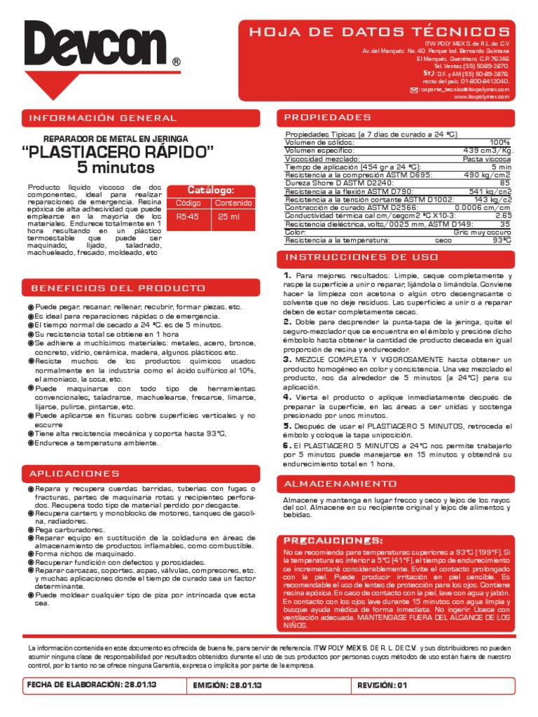 "Plastiacero Rápido" 5 Minutos: Hoja de Datos Técnicos | PDF | Hormigón ...