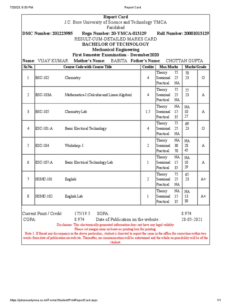 Report Card 1st Sem | PDF | Physical Sciences | Science