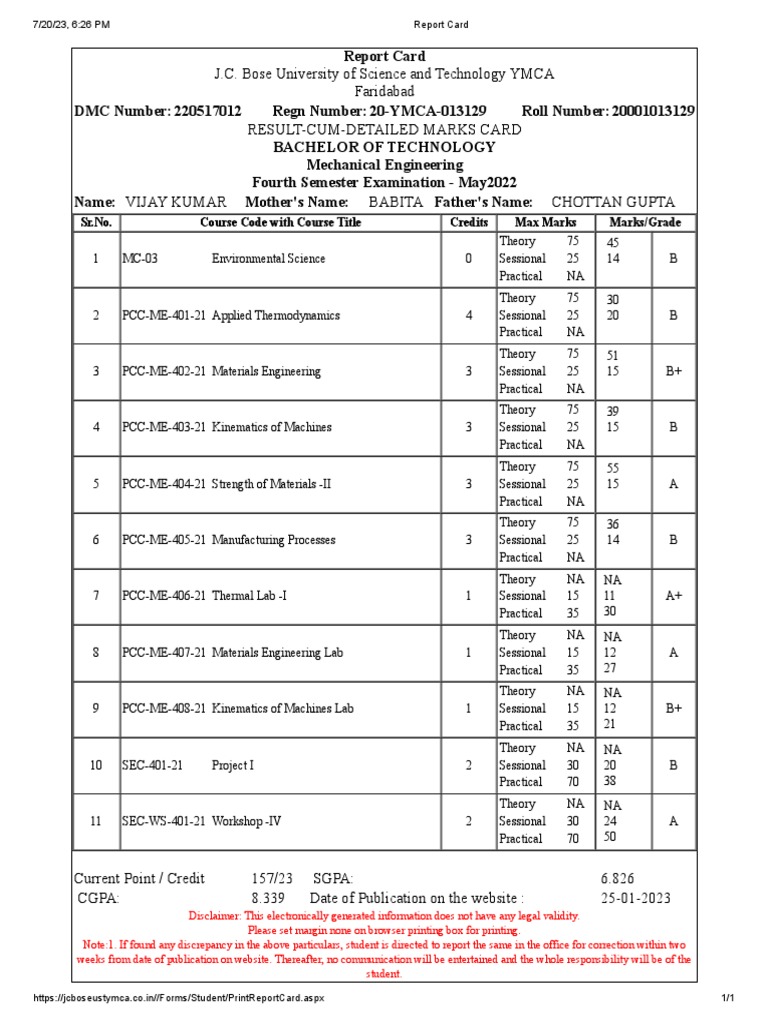 Report Card 4th Sem | PDF | Applied And Interdisciplinary Physics | Engineering