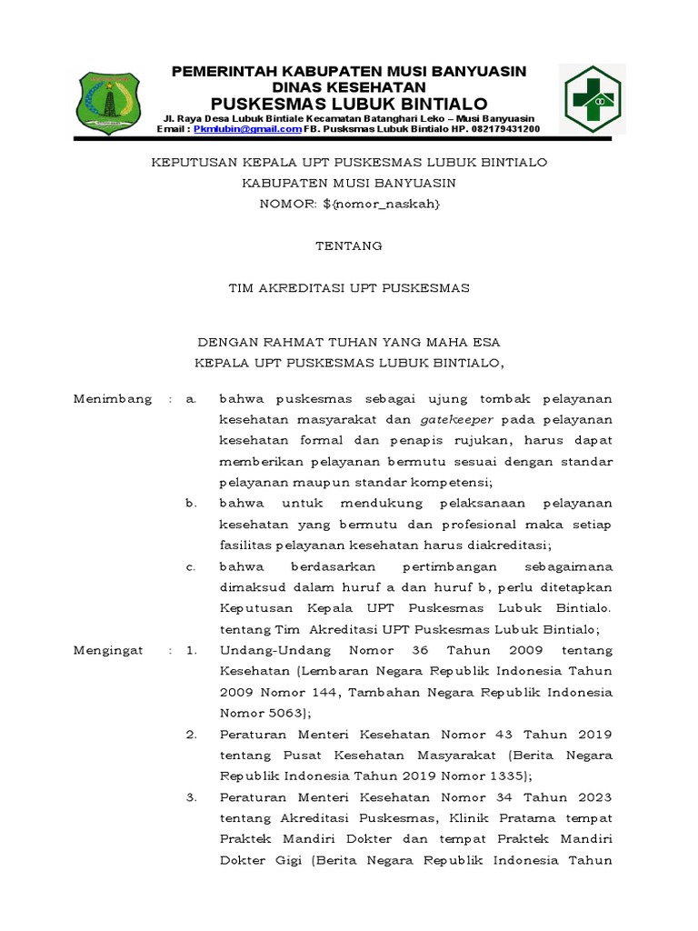 SK Tim Akreditasi Puskesmas Lubuk Bintialo - reviSI 2023 | PDF