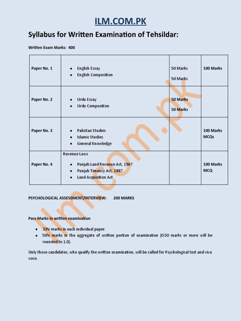 Syllabus For Written Examination of Tehsildar | PDF