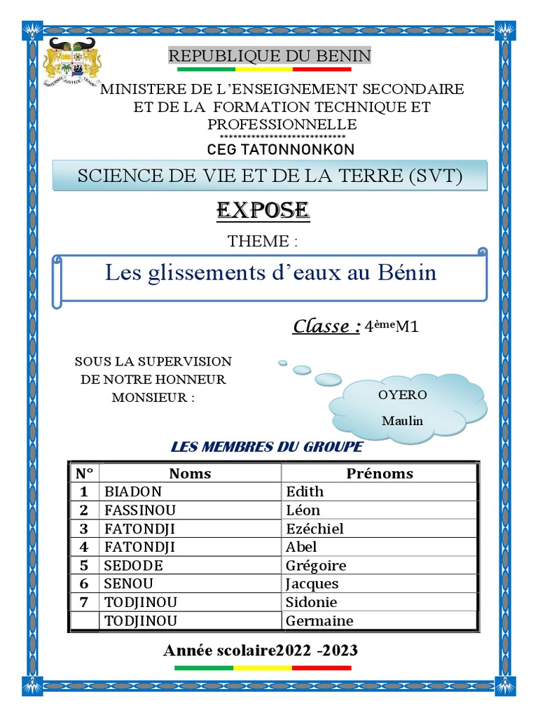 Page de garde d'exposé au Bénin | PDF