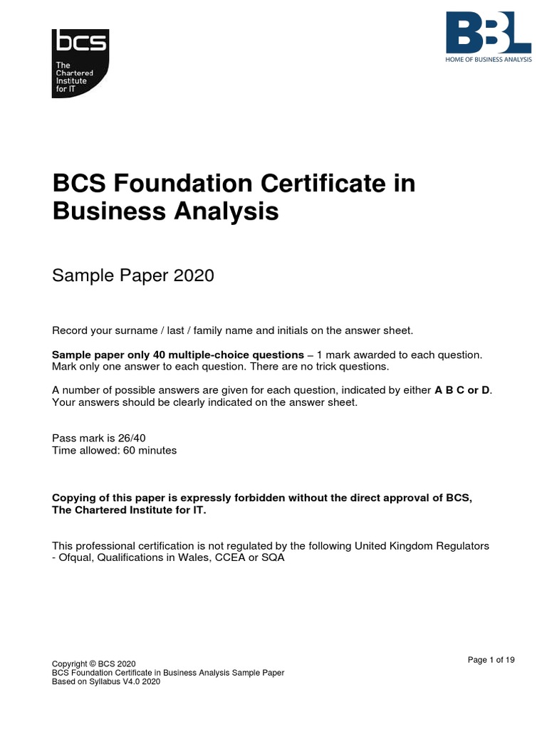 BCS Foundation V4.0 Sample Paper - BBL | Download Free PDF | Business Analysis | Use Case